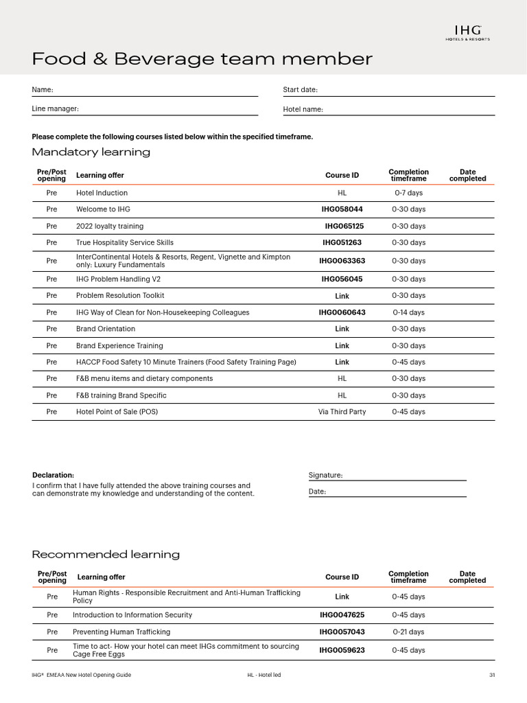 IHG Training - F&B Team Member | PDF | Food Safety | Safety