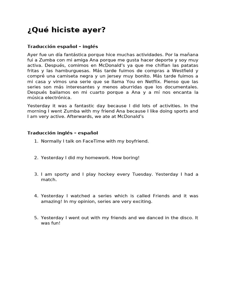 Que Hiciste Ayer Traduccion Worksheet | PDF