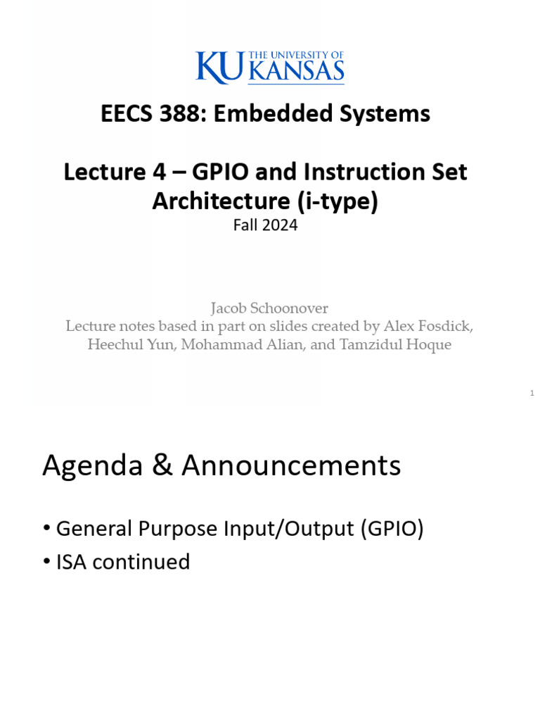 Lecture 4 - GPIO and ISA I-Type EECS 388 | PDF | Computer Engineering | Computing