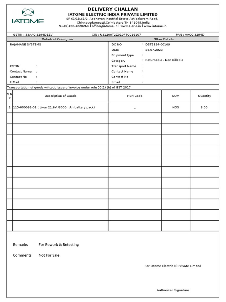 220809_Service Delivery Challan Format for TCS ION OBD | PDF | Economy ...
