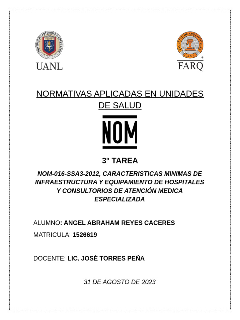 3°tarea - NOM-016-SSA3-2012 - ANGEL ABRAHAM REYES | PDF | Hospital | Cirugía