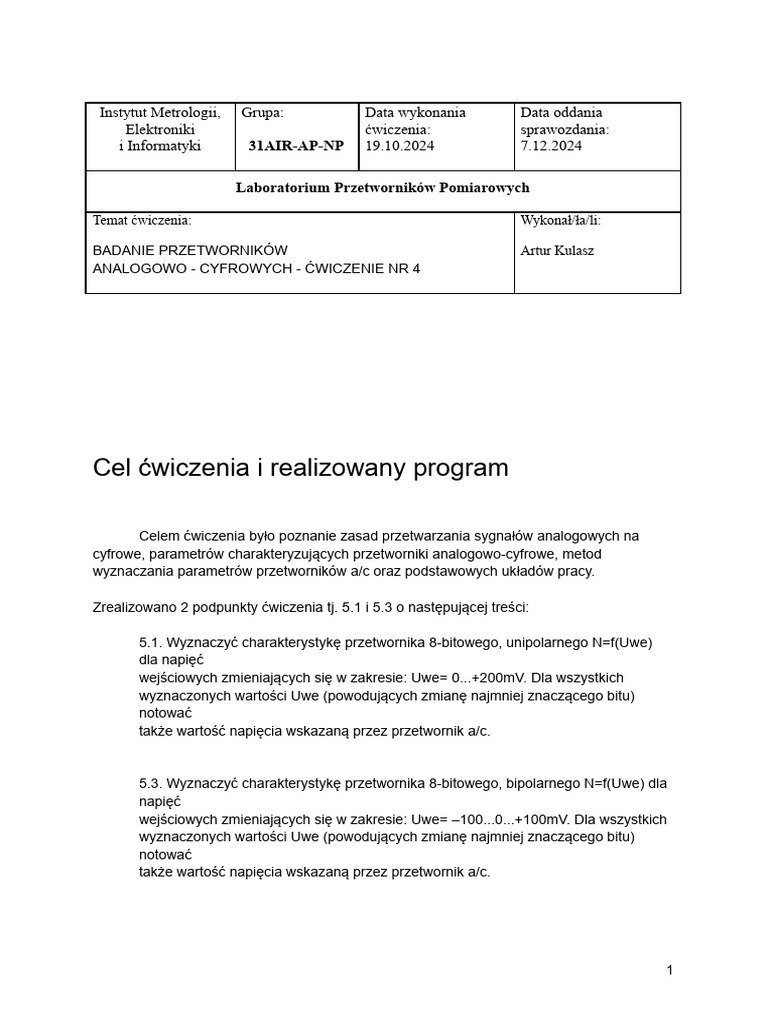 Przetworniki Pomiarowe cw4 | PDF