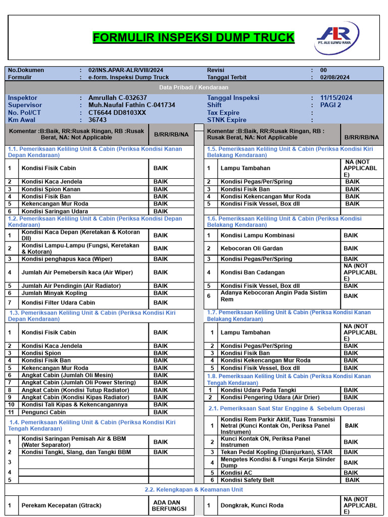 E-Form. Inspeksi Dump Truck Amrullah C-032637 | PDF