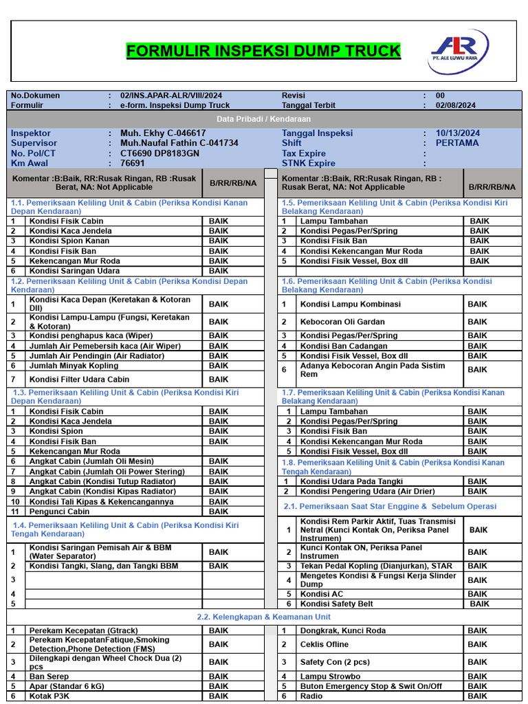e-Form. Inspeksi Dump Truck Muh. Ekhy C-046617 | PDF