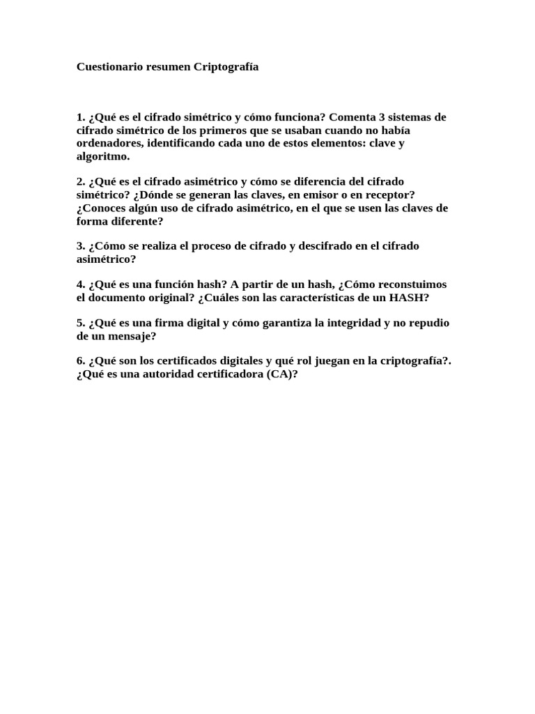 Cuestionario resumen Criptografía | PDF