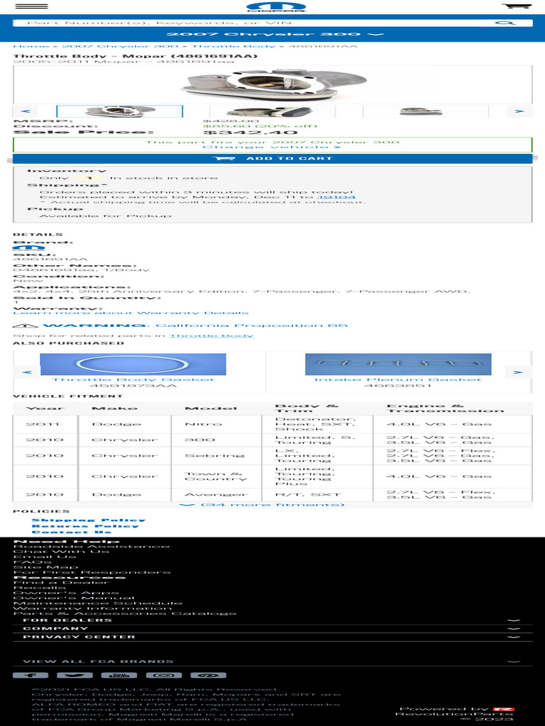 2005-2011 Mopar Throttle Body 4861691AA Mopar Estores | PDF | Chrysler ...