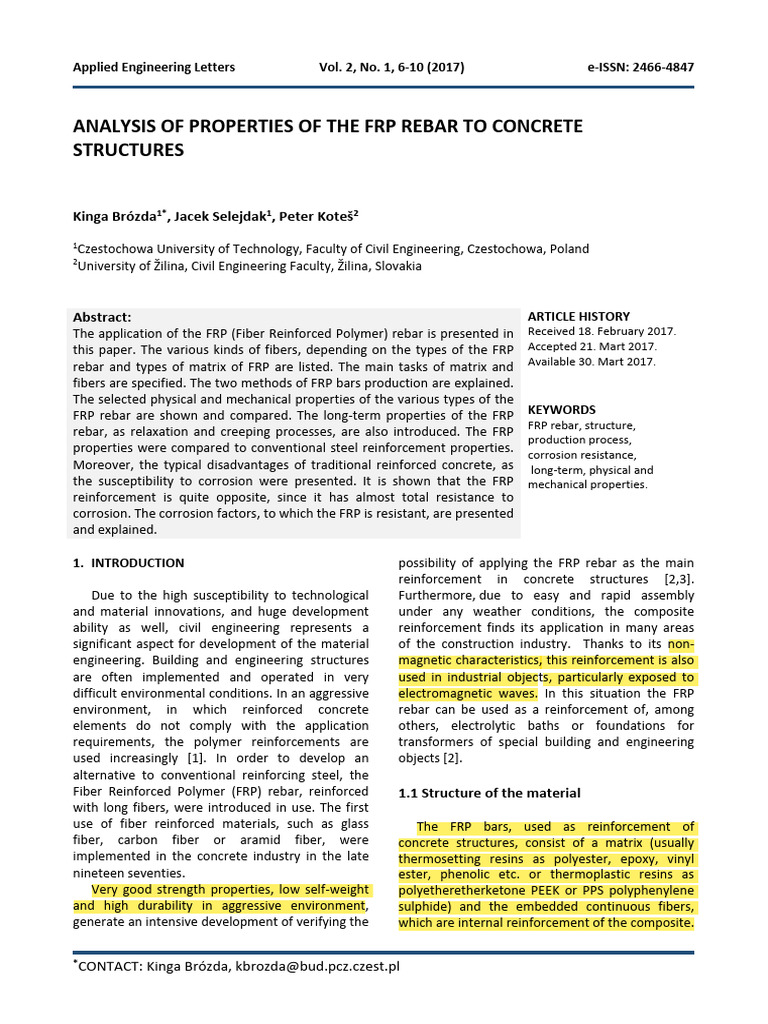 FRP Rebar Properties for Concrete Structures | PDF | Fibre Reinforced ...