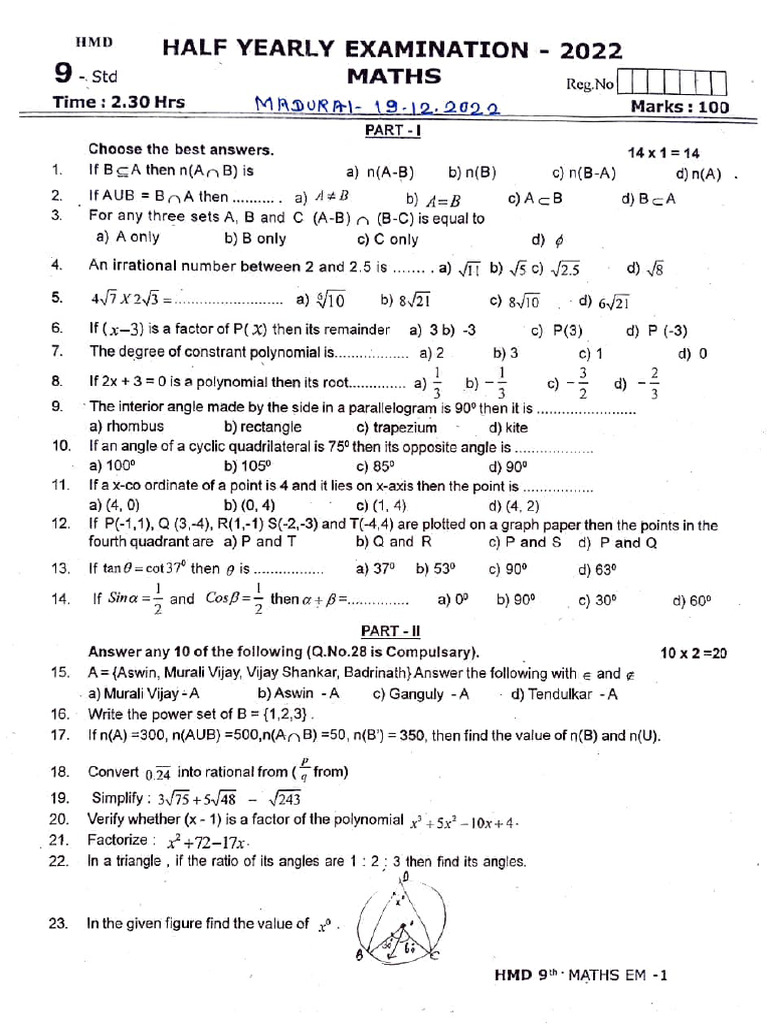 9Th Maths EM Half Yearly DEC 2022 -Madurai | PDF | Triangle | Circle