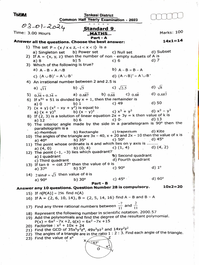 9th Maths EM Half Yearly Exam 2023 Question Paper Thenkasi District English Mediium PDF Download ...