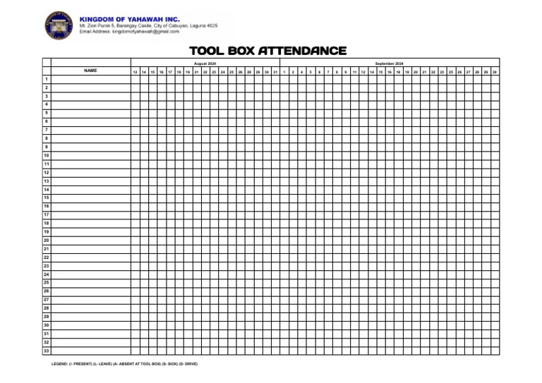 TOOLBOX ATTENDANCE - Sheet1 | PDF
