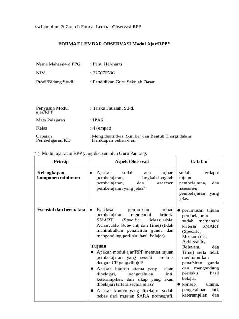 Lampiran 2 - Contoh Format Lembar Observasi RPP (1) | PDF