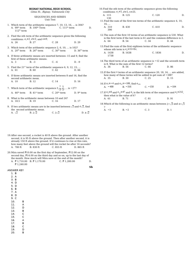 Sequences and Series Unit Test | PDF | Mathematics | Mathematical Analysis