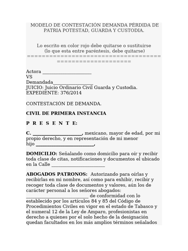 MODELO DE CONTESTACIÓN DEMANDA guardia y custodia | PDF | Demanda ...