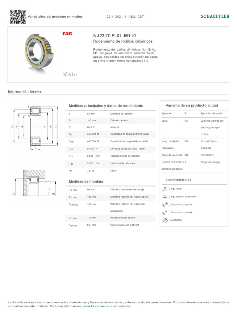 NJ2317-E-XL-M1: Rodamiento de Rodillos Cilíndricos | PDF | Ingeniería mecánica | Fricción