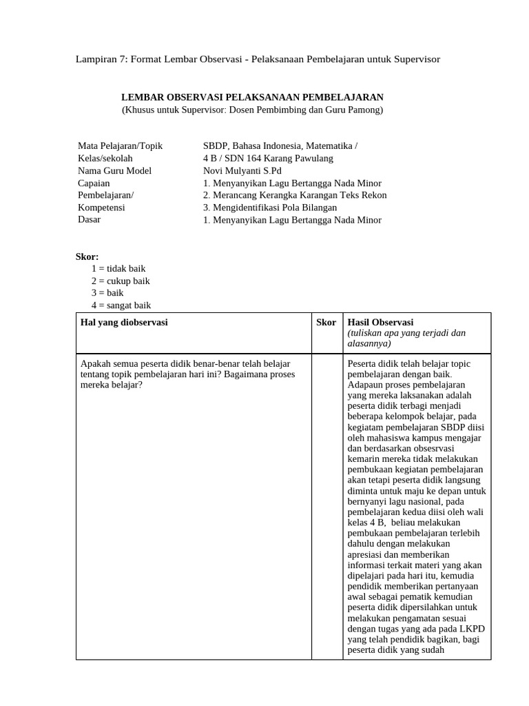 Lampiran 7 - Format Lembar Observasi Pelaksanaan Pembelajaran untuk Supervisor | PDF