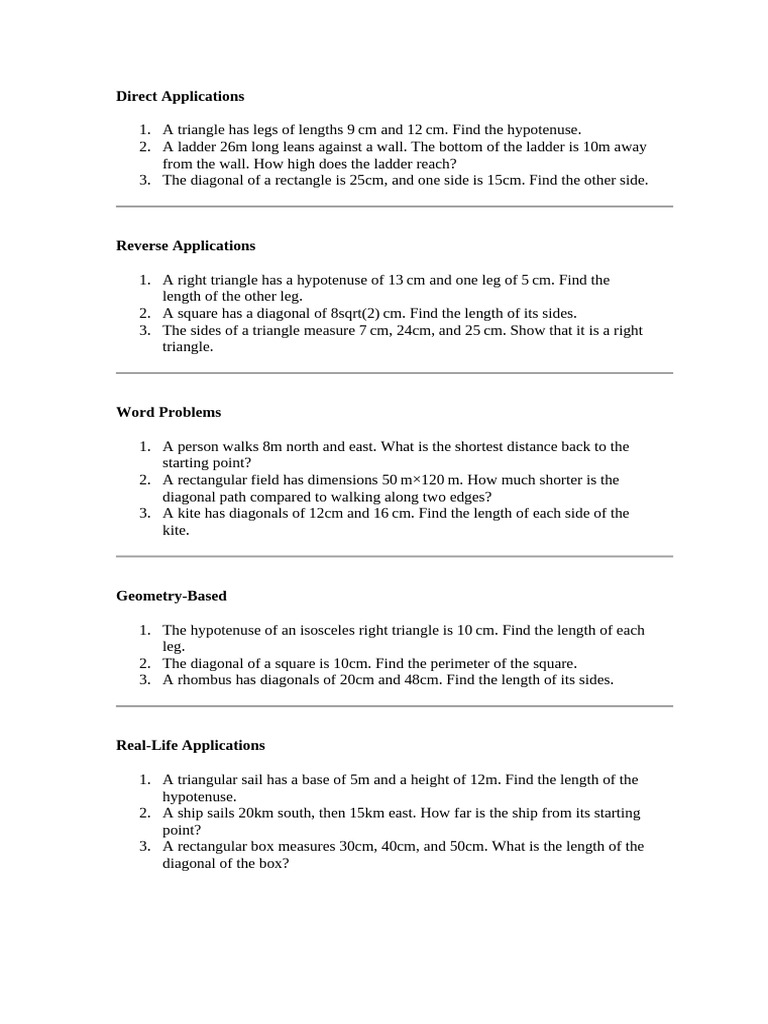 Pythagorean Theorem Word Problems | PDF