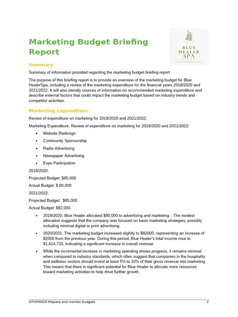 SITXFIN010 Marketing Budget Briefing Report Template | PDF | Digital ...