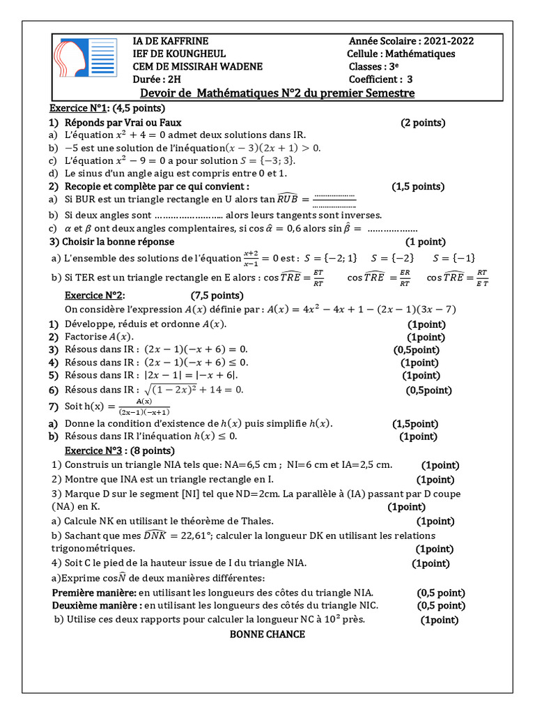Devoir de Mathématiques 3e - Exercices et Solutions | PDF | Triangle ...
