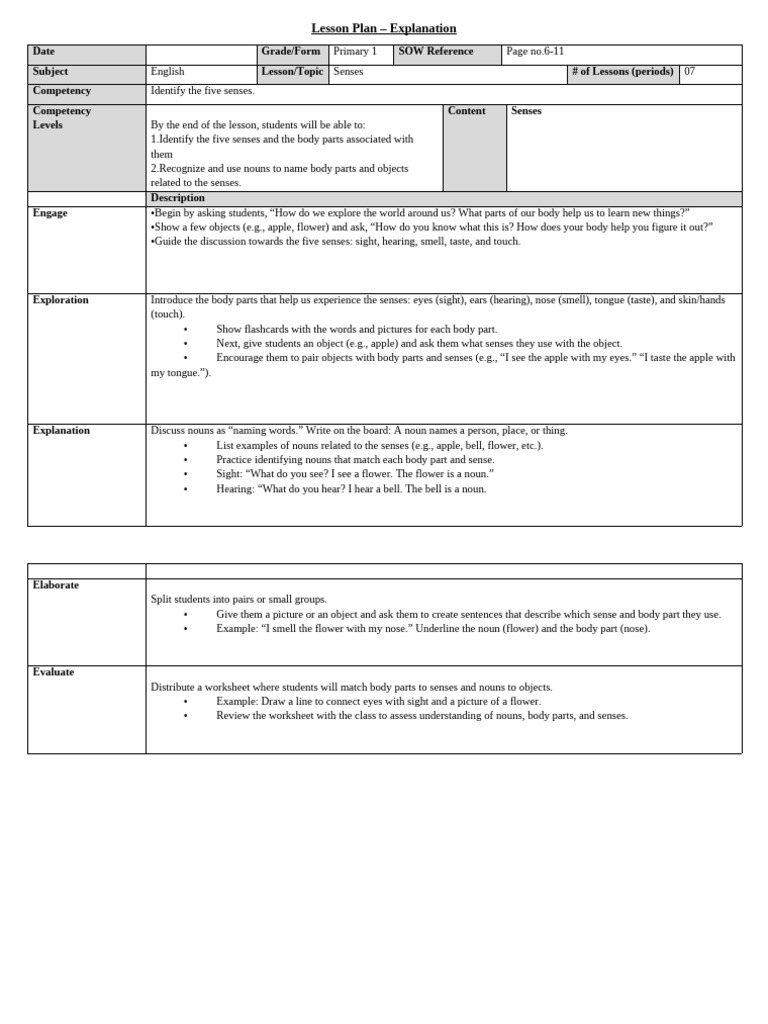 Lesson Plan Format Copy | PDF | Senses | Lesson Plan
