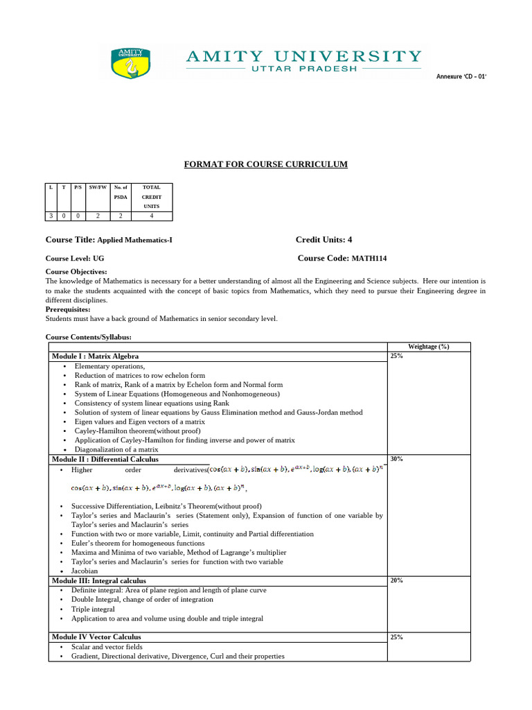 Applied Mathematics-I Course Curriculum | PDF | Integral | Matrix ...