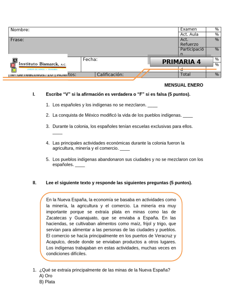 Examen de Historia: Nueva España | PDF | Nueva españa | Agricultura