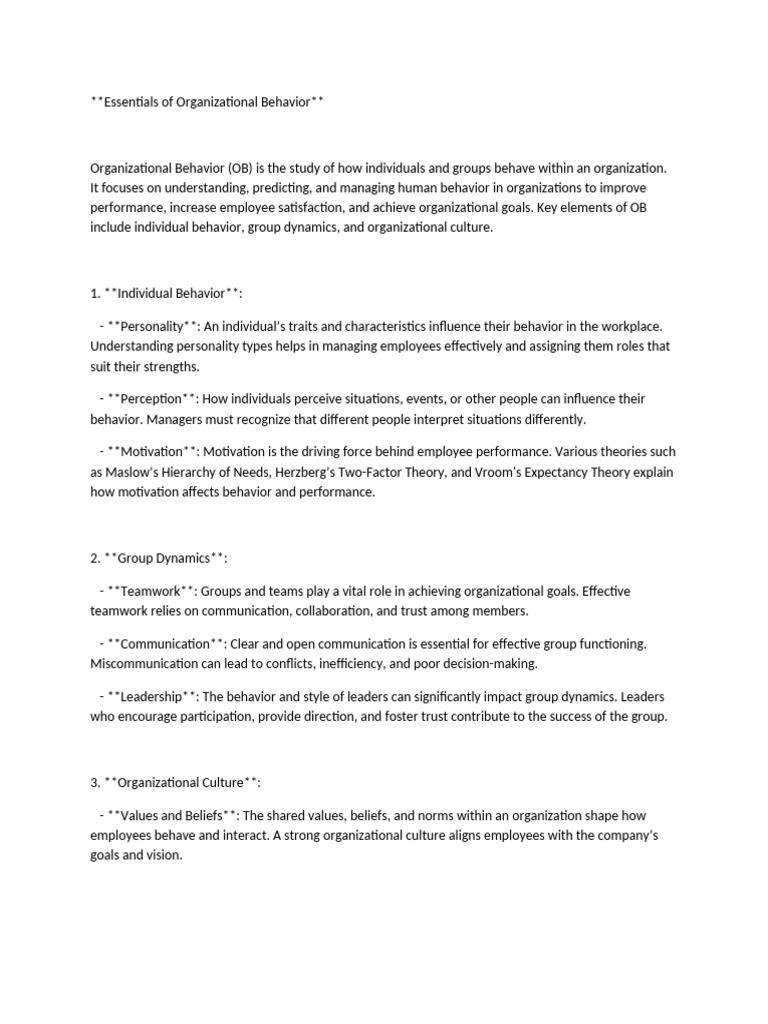 Essential of Organizational Behavior Notes | PDF