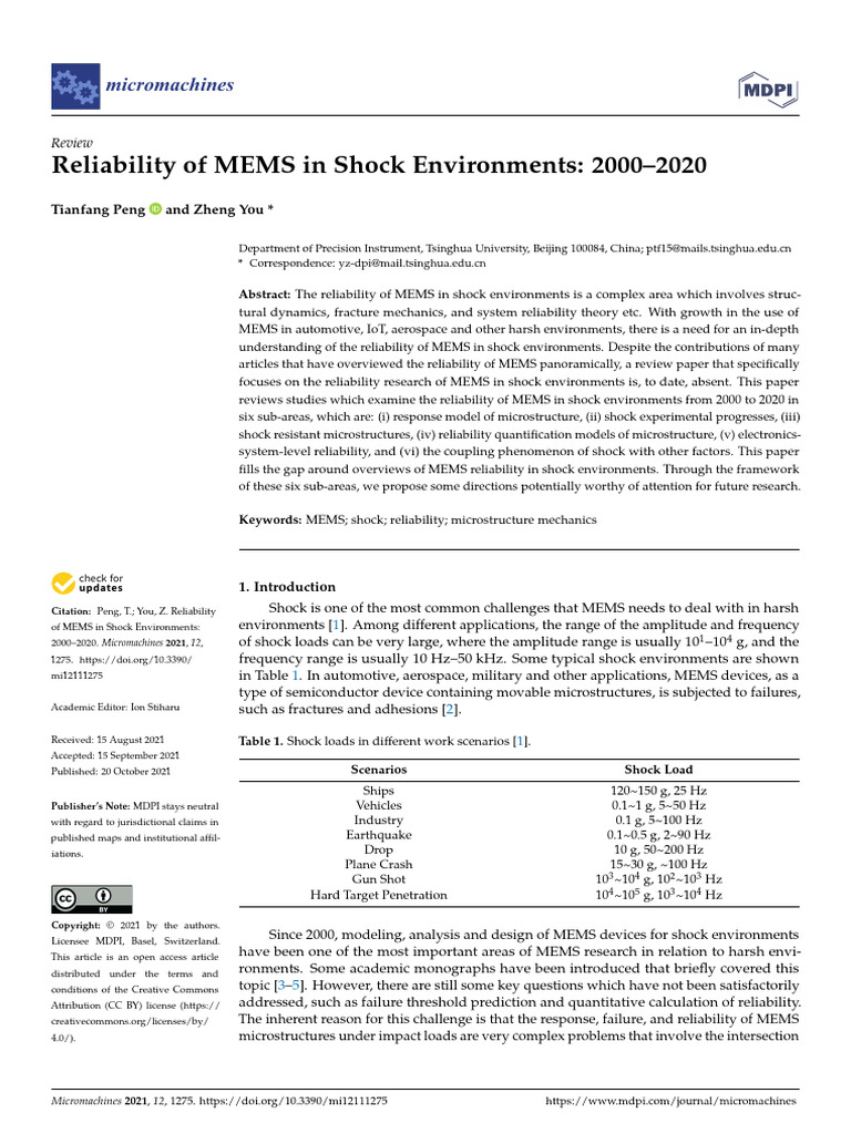 Reliability of MEMS in Shock Environments | PDF | Reliability ...