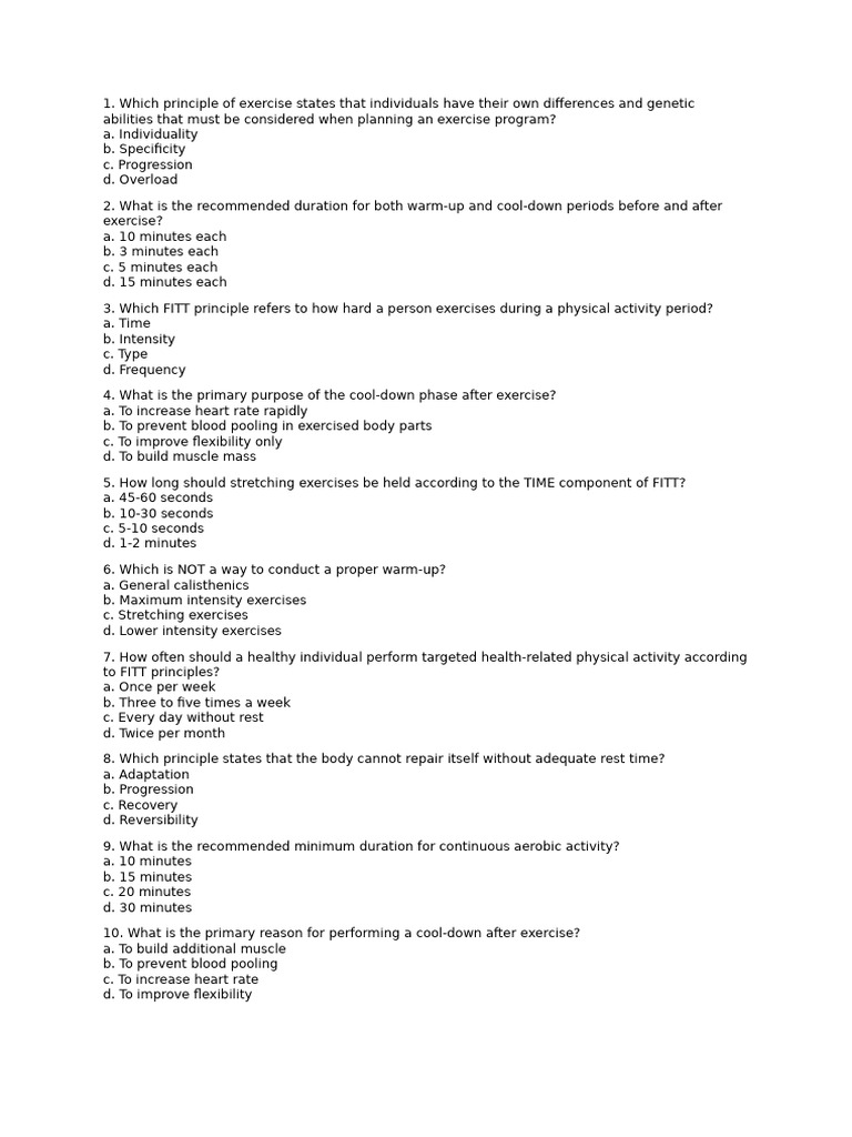 Exercise Principles and Guidelines Quiz | PDF | Physical Fitness ...