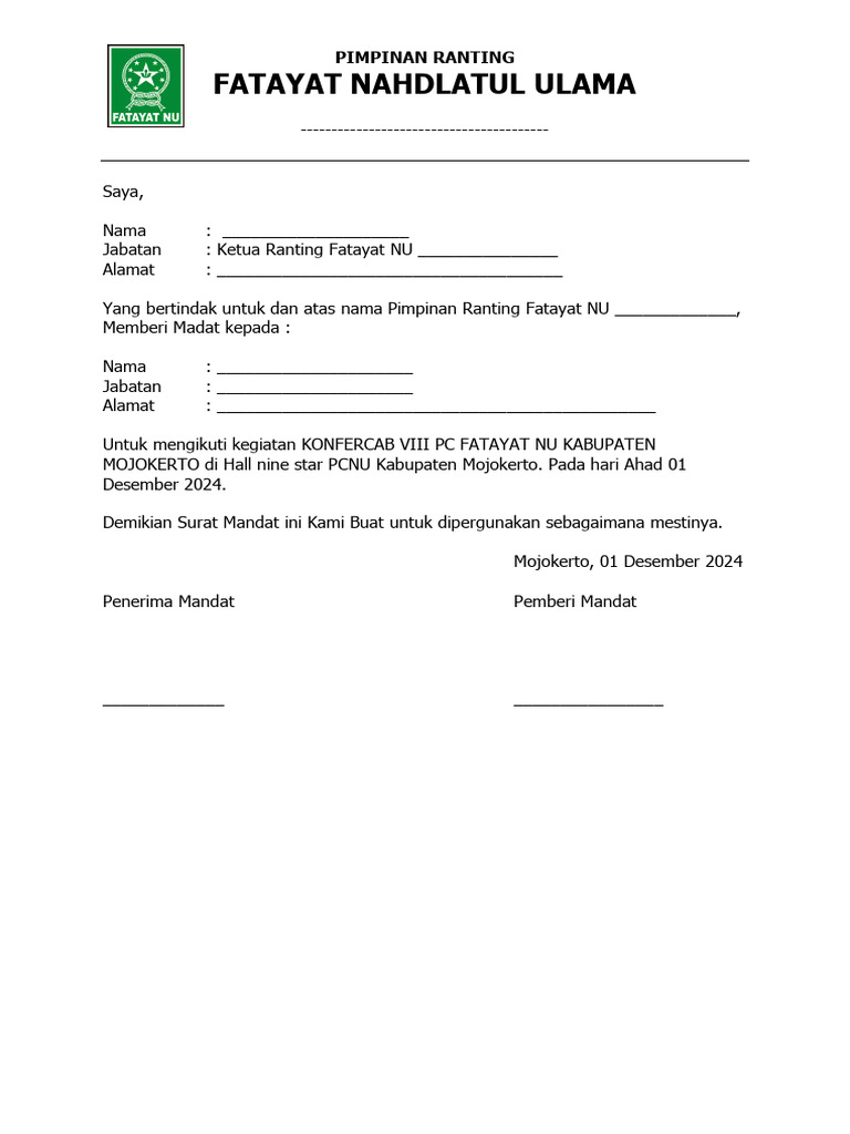 Surat Mandat Fatayat NU Mojokerto | PDF