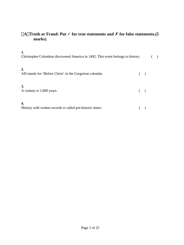 A Truth or Fraud: Put For True Statements and For False Statements. (5 ...