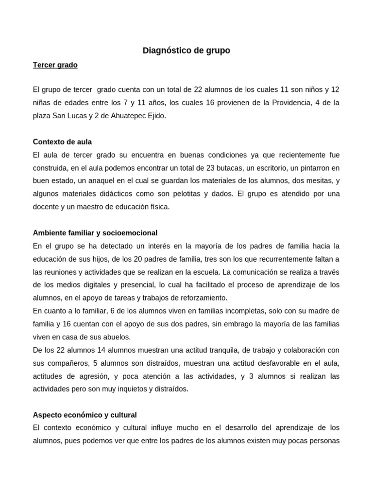 Diagnóstico de Grupo 3º | PDF | Salón de clases | Aprendizaje