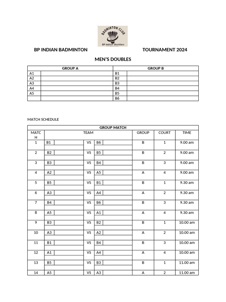 Badminton Tournament 2024 Schedule | PDF | Stationery