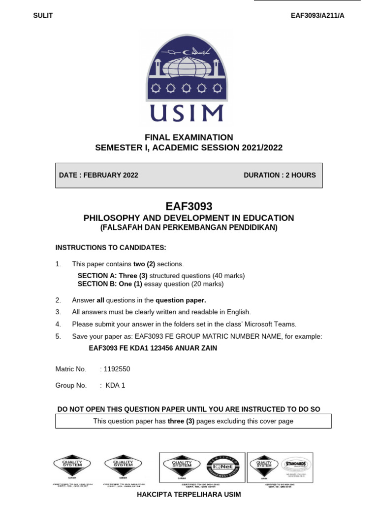 Eaf3093 Philosophy Final Exam 2 30pm | PDF | Schools | Malaysia