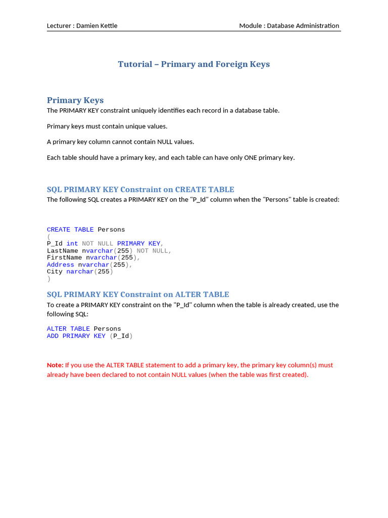 Primary and Foreign Keys | PDF