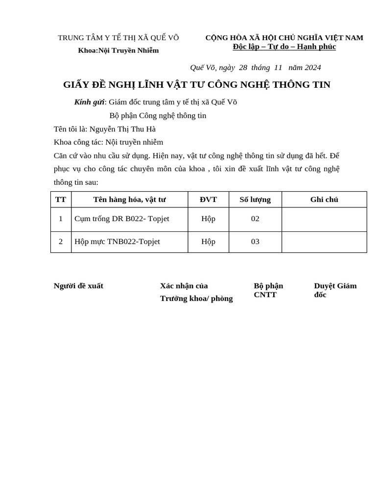 Phieu de Xuat Linh Vat Tu CNTT T11-2024 | PDF