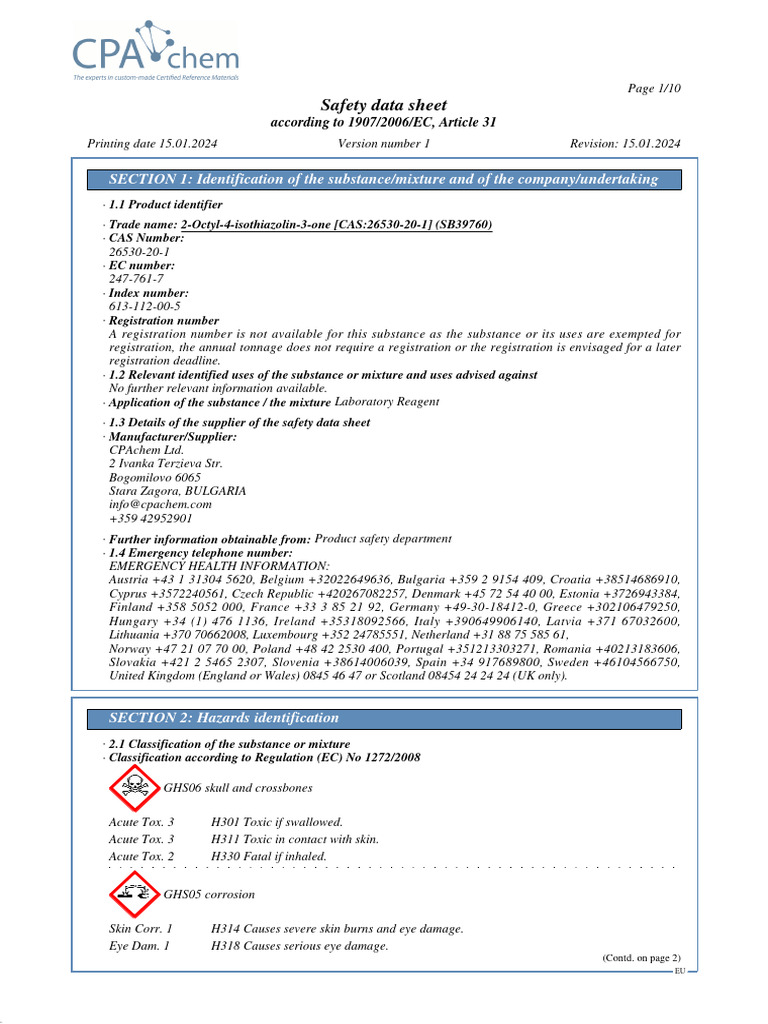 SD - 2 Octyl 4 Isothiazolin 3 One - (CAS - 26530 20 1) - (SB39760 ...