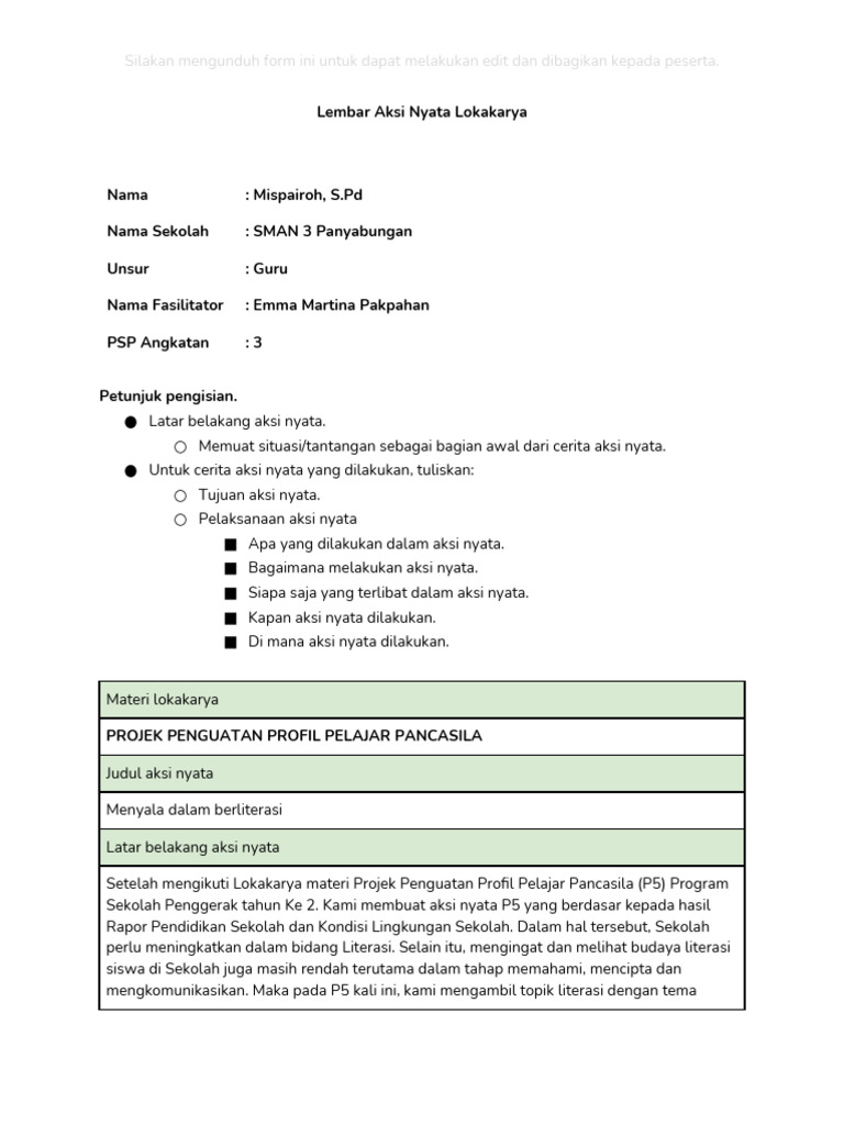 Lembar Aksi Nyata Lokakarya PSP | PDF