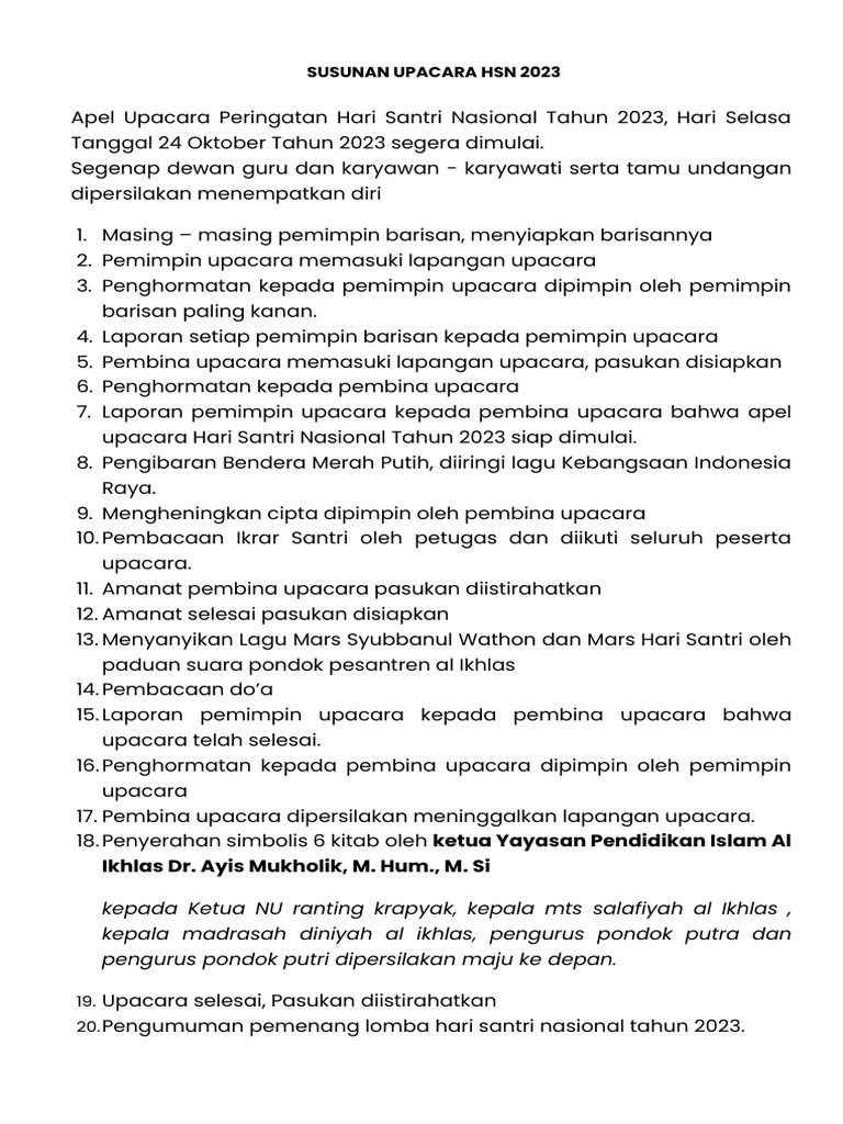 Susunan Upacara HSN 2023 | PDF
