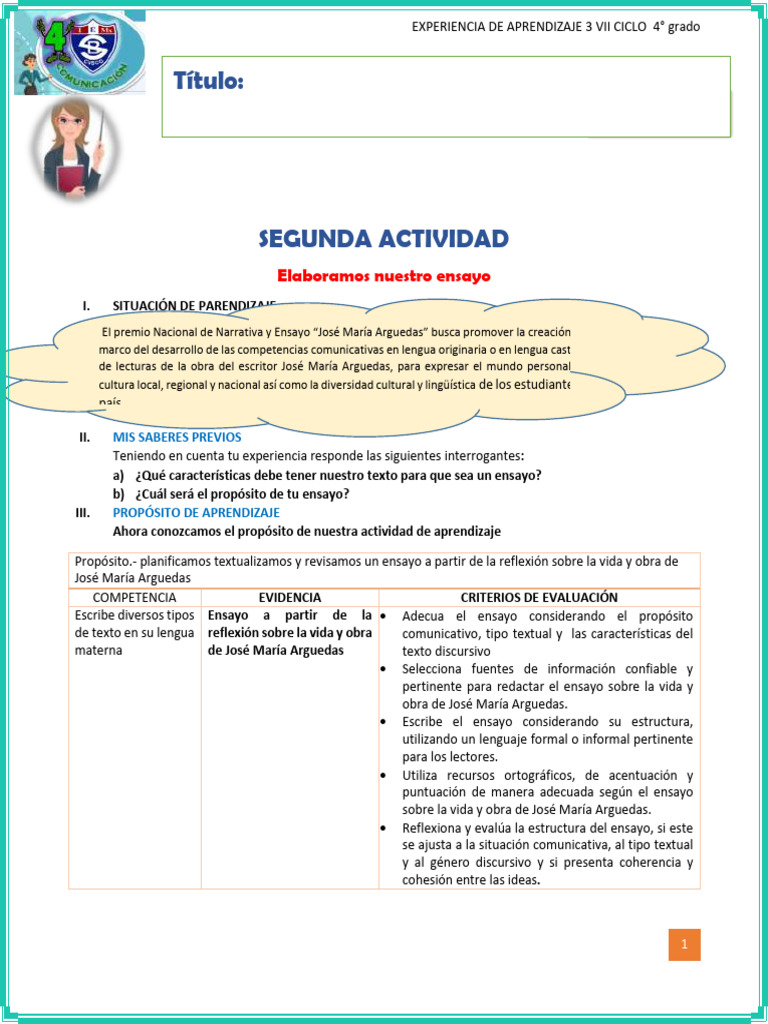 EXPERIENCIA DE APRENDIZAJE Nº3-4ª-2da- actividad- JOSÉ MARÍA ARGUEDAS ejm | PDF | Ensayos ...