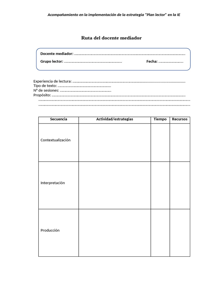 EXPERIENCIA DE LECTURA (RUTA DEL MEDIADOR) Ejm | PDF