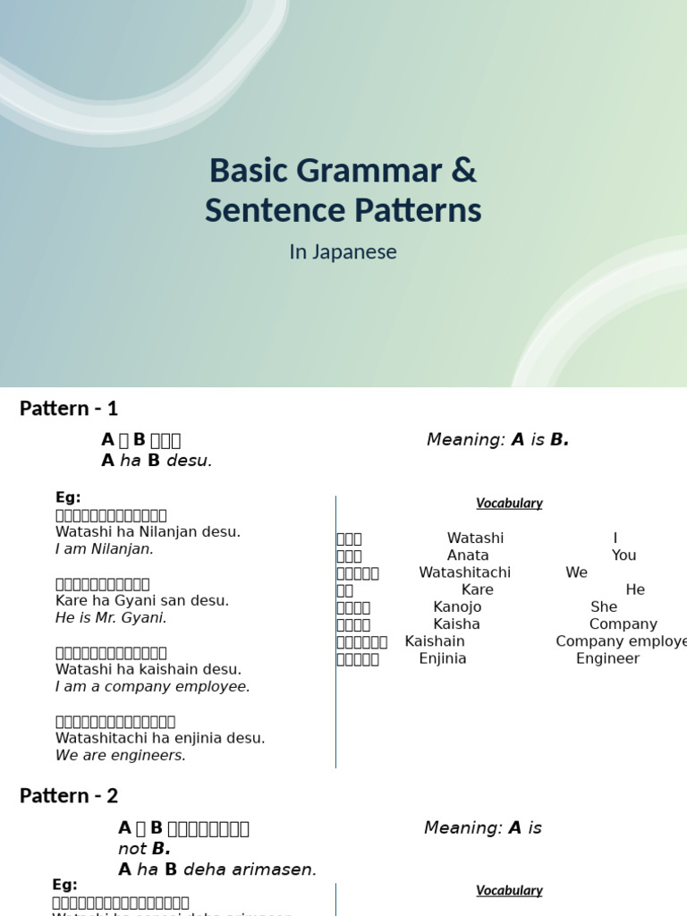 Learn Japanese - Basic Grammar & Sentence Patterns | PDF