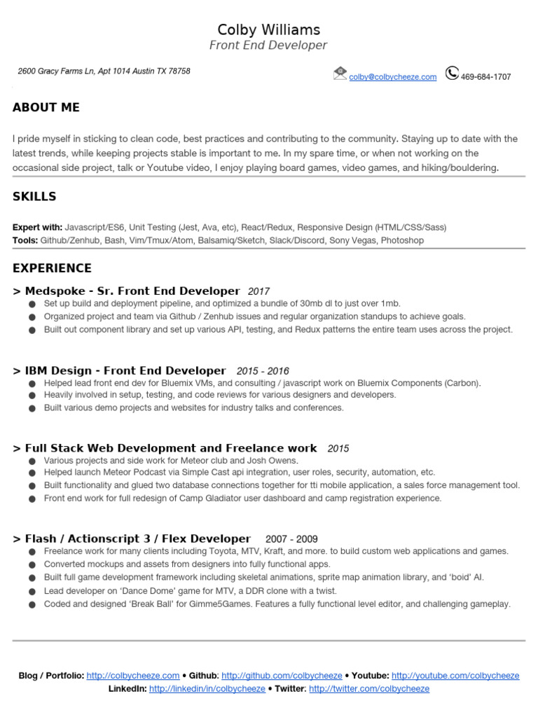 Colby Williams - 2017 Resume - Front End Developer | PDF | Web Development | Computing
