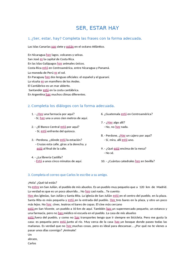 Ejercicios de ser, estar y hay | PDF | Centroamérica | Nicaragua