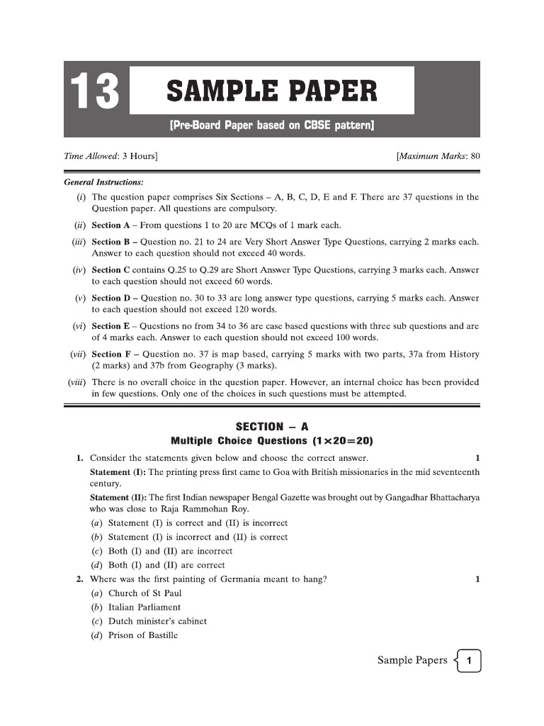 Cbse cl10 Ead Social Science Pre-Board Paper 13 | PDF