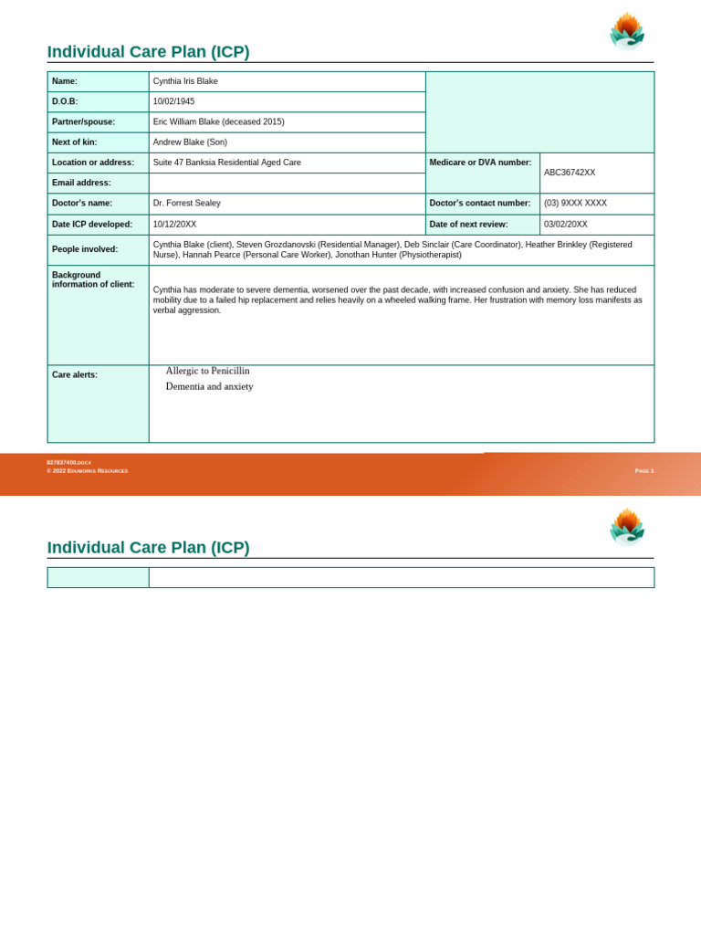 Banksia SD AP T3 Individual Care Plan V1.0 ID 203896 Cynthia (Updated ...