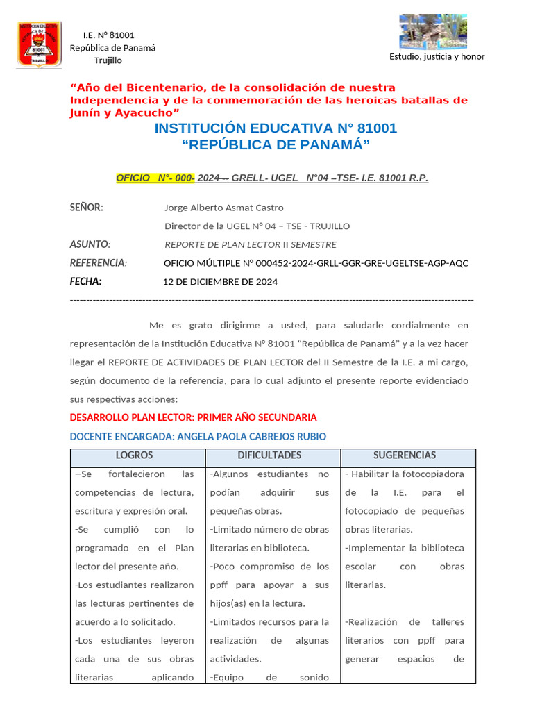 Informe Plan Lector Ugel | PDF