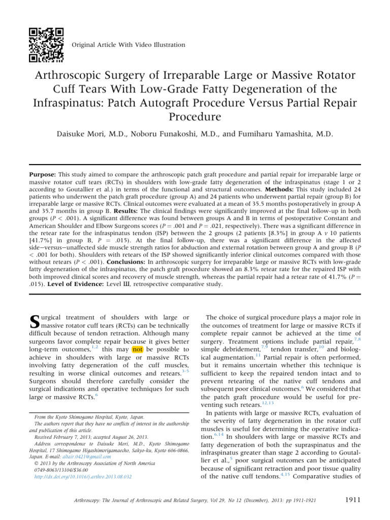 Arthroscopic Surgery of Irreparable Large or Massive Rotator Cuff Tears ...