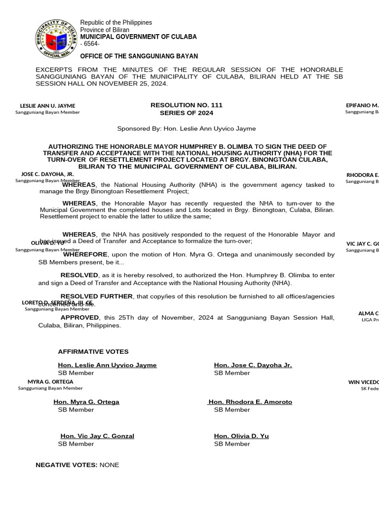 RESO 111-2024 Authorization | PDF | Government | Governance