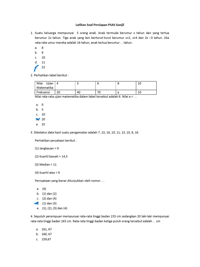 Latihan Soal Matematika PSAS Ganjil | PDF