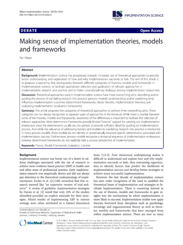 0015 Making Sense of Implementation Theories, Models and Frameworks | PDF